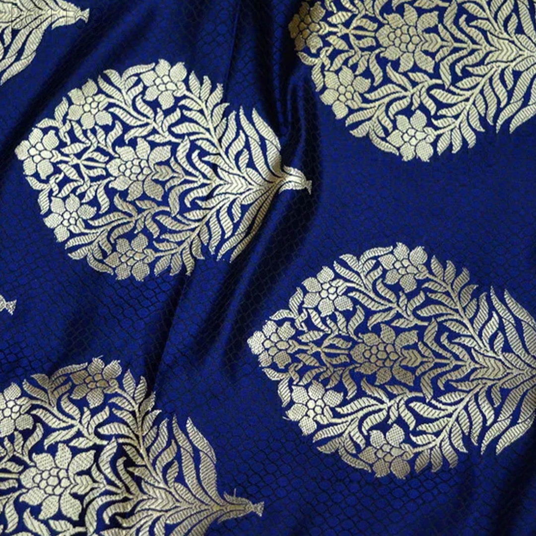Blue Gold Brocade Banarasi Brocade Fabric by the Yard Banaras Art ...