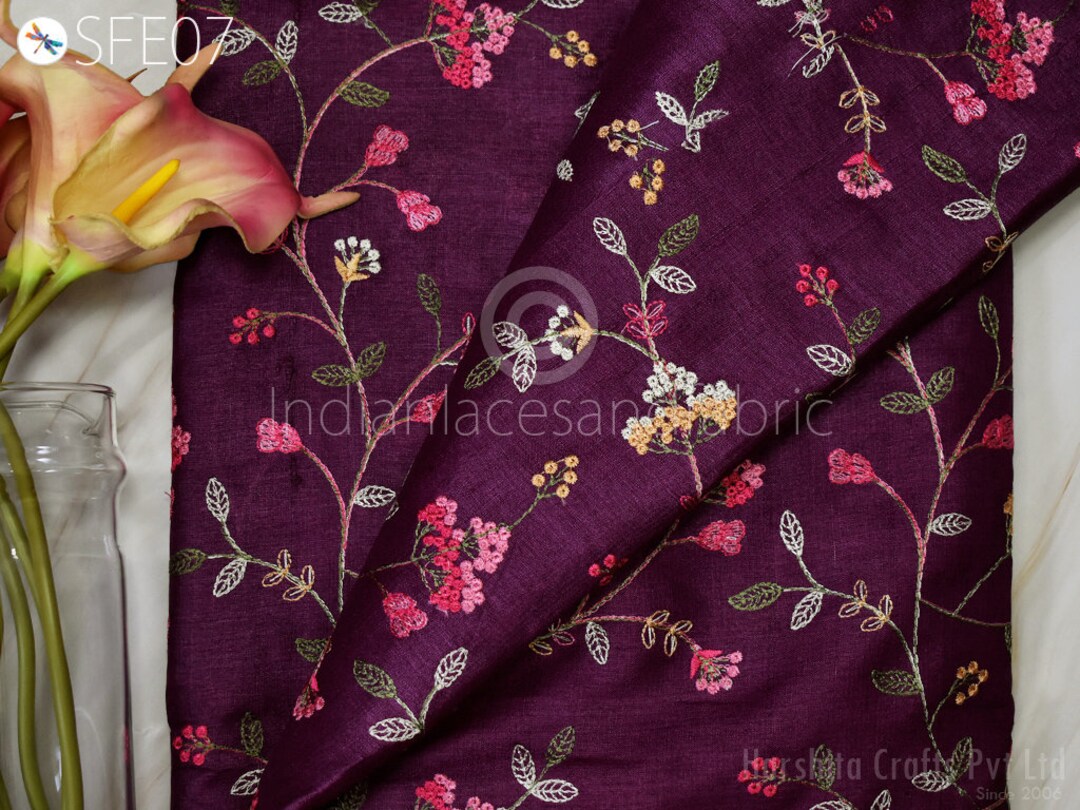 Pure Tussar Silk Embroidered Fabric by the Yard Indian Embroidery Raw ...