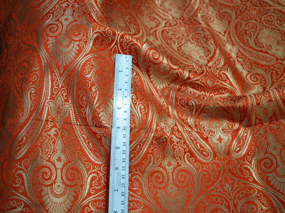 Orange Brocade Fabric by the Yard Banarasi Brocade Fabric | Etsy