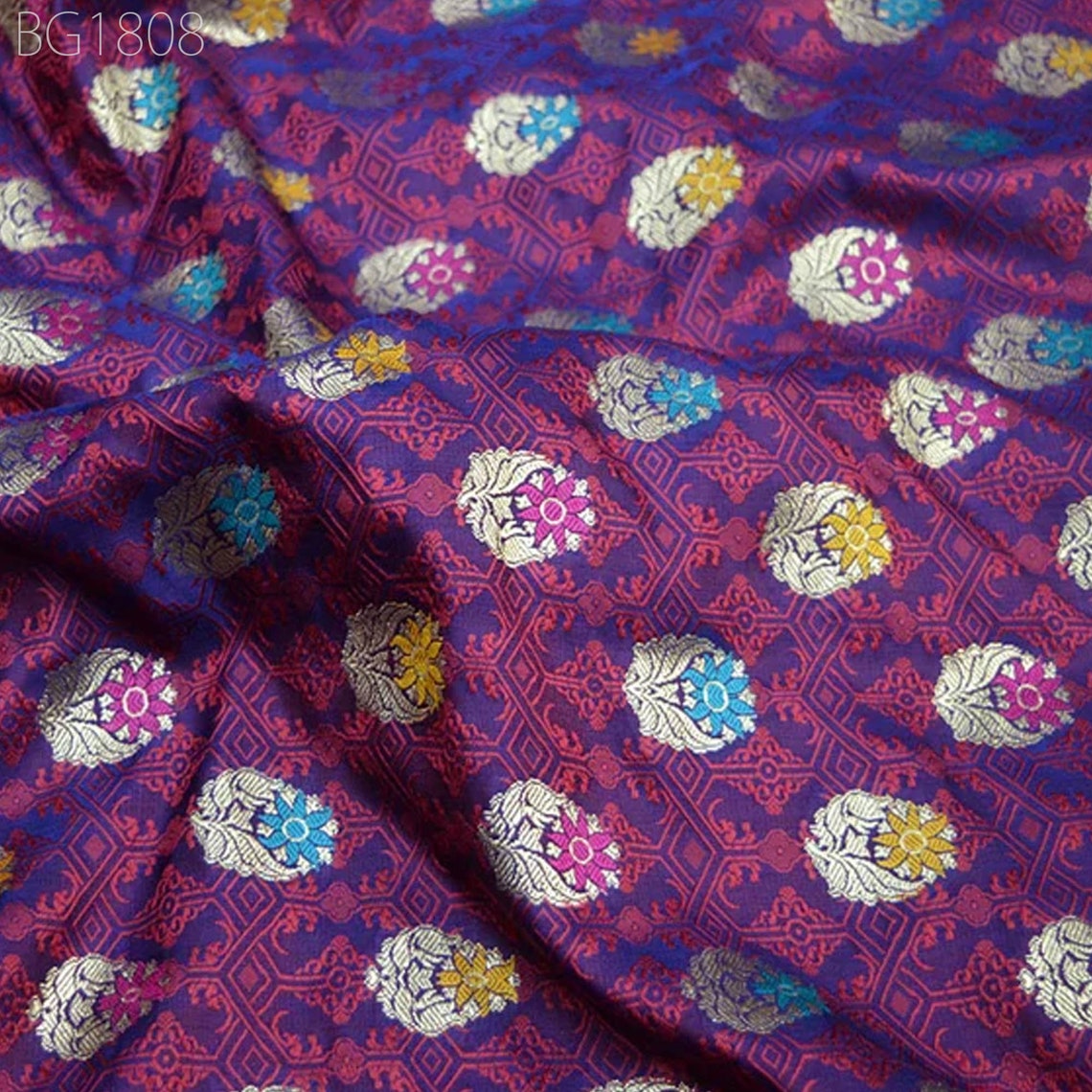 Blue Indian Jacquard Dress Material Brocade Wedding Dress Fabric by the ...