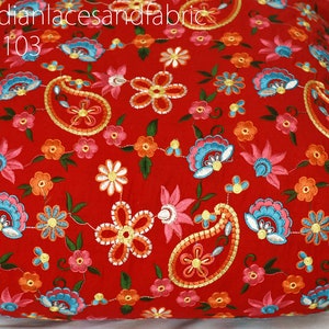 Red Embroidered Cotton Fabric by the Yard Indian Embroidery Sewing DIY ...