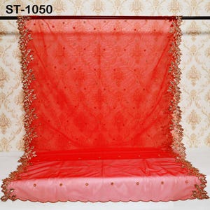 Red Net Designer Dupatta, Embroidered Indian Wedding Stole Bridal Veil ...