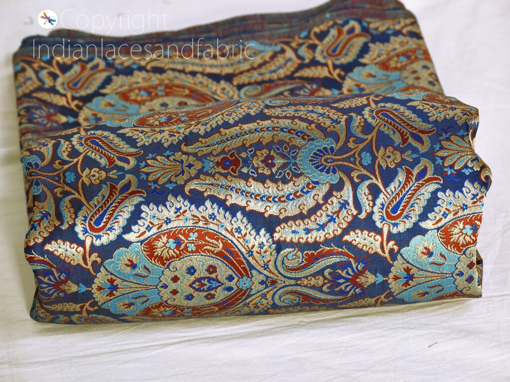 Navy Blue Brocade Fabric by Yard Banarasi Indian Bridal - Etsy
