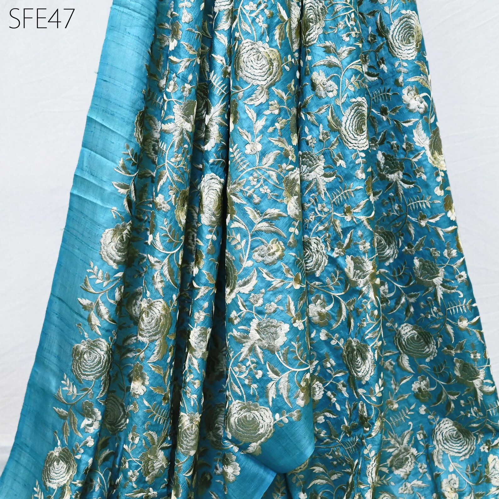 Pure Tussar Silk Embroidered Fabric by the Yard Indian Embroidery Raw ...