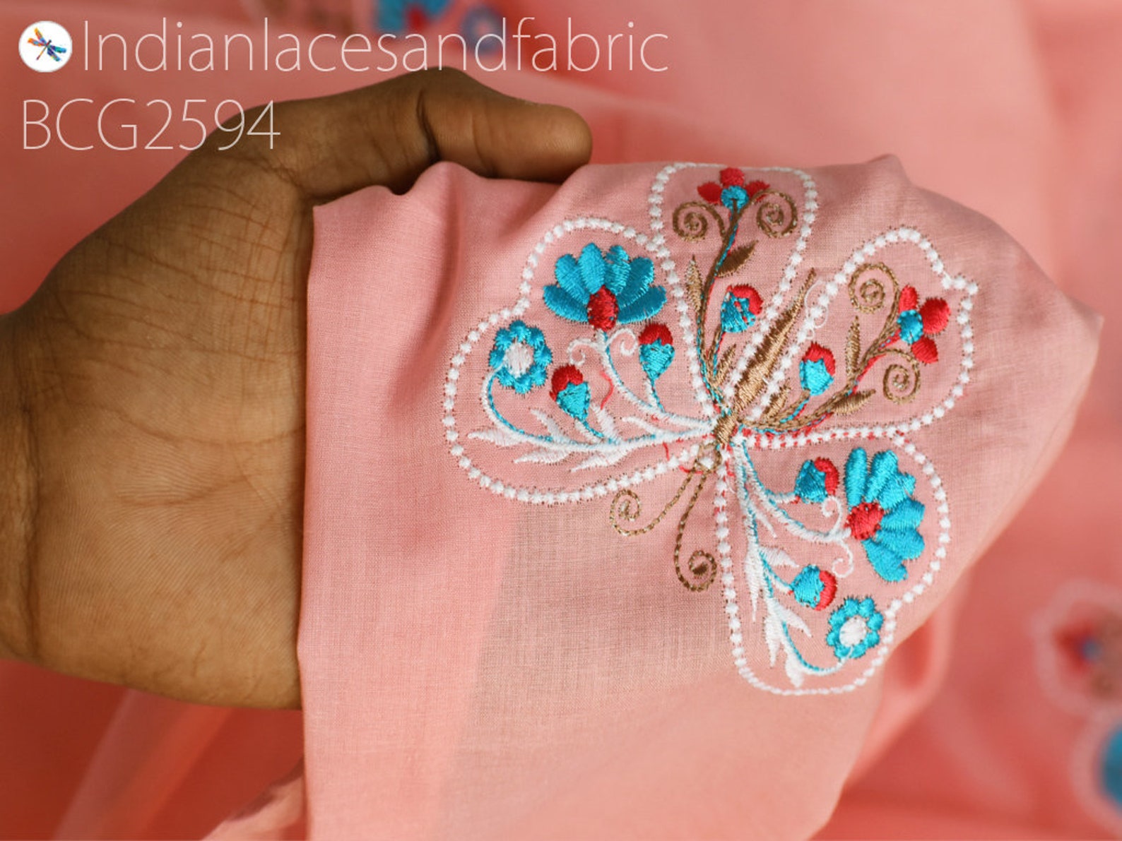 Salmon Indian Embroidered Cotton Fabric by the Yard Embroidery - Etsy