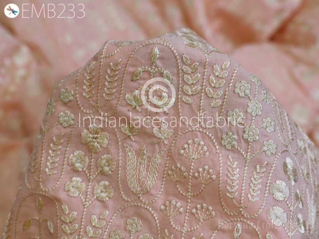Pink Embroidered Cotton Fabric by the Yard Indian Embroidery - Etsy