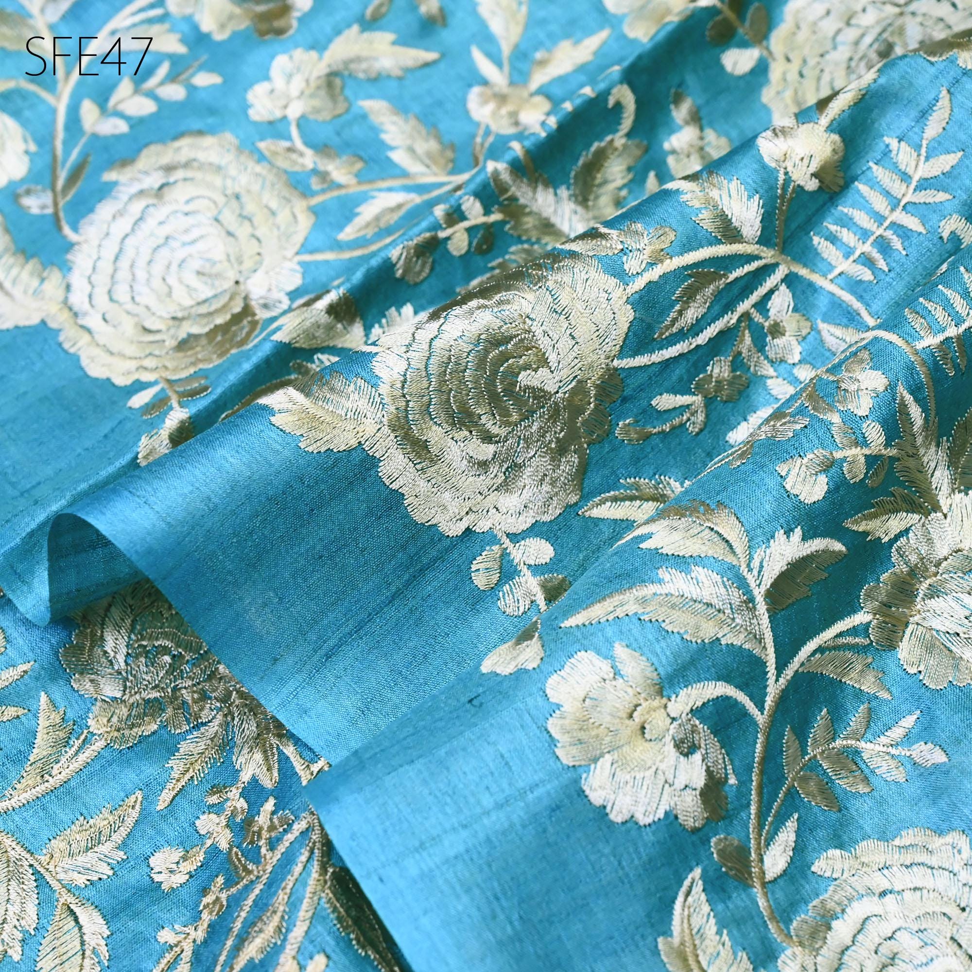 Pure Tussar Silk Embroidered Fabric by the Yard Indian Embroidery Raw ...