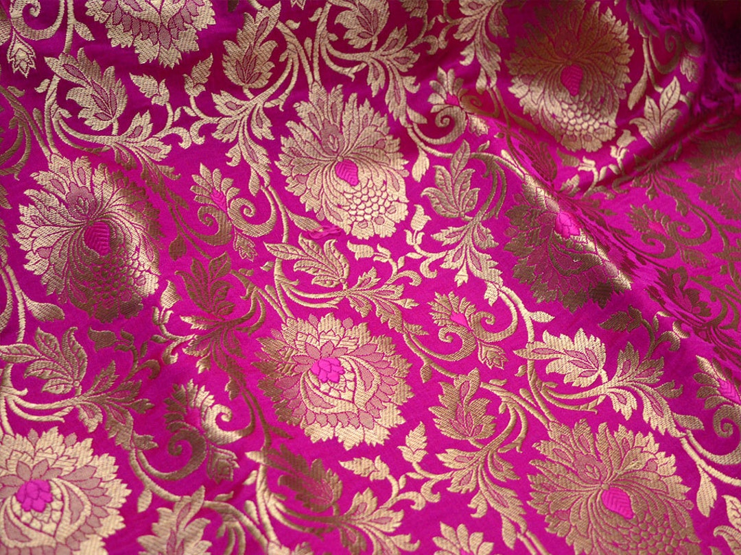 Magenta Gold Brocade by the Yard Banarasi Fabric Banaras Art Blended ...
