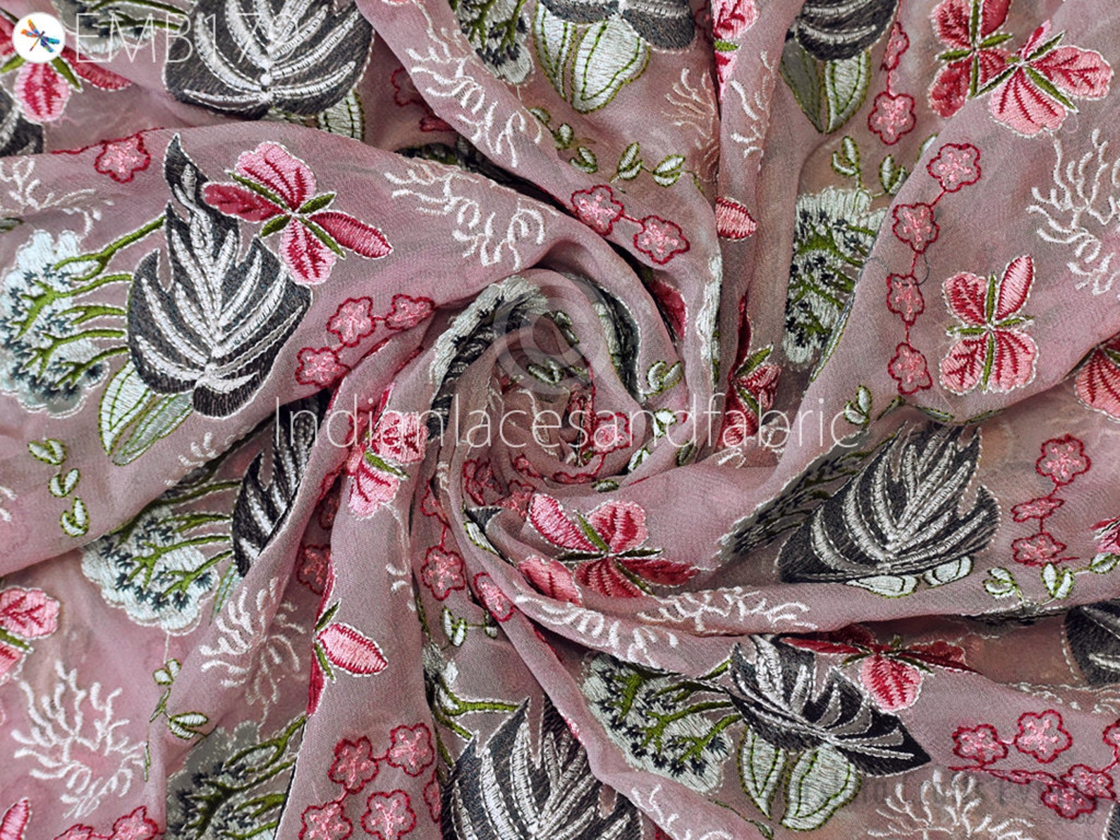 Dusty Pink Indian Embroidered Fabric by Yard Georgette - Etsy