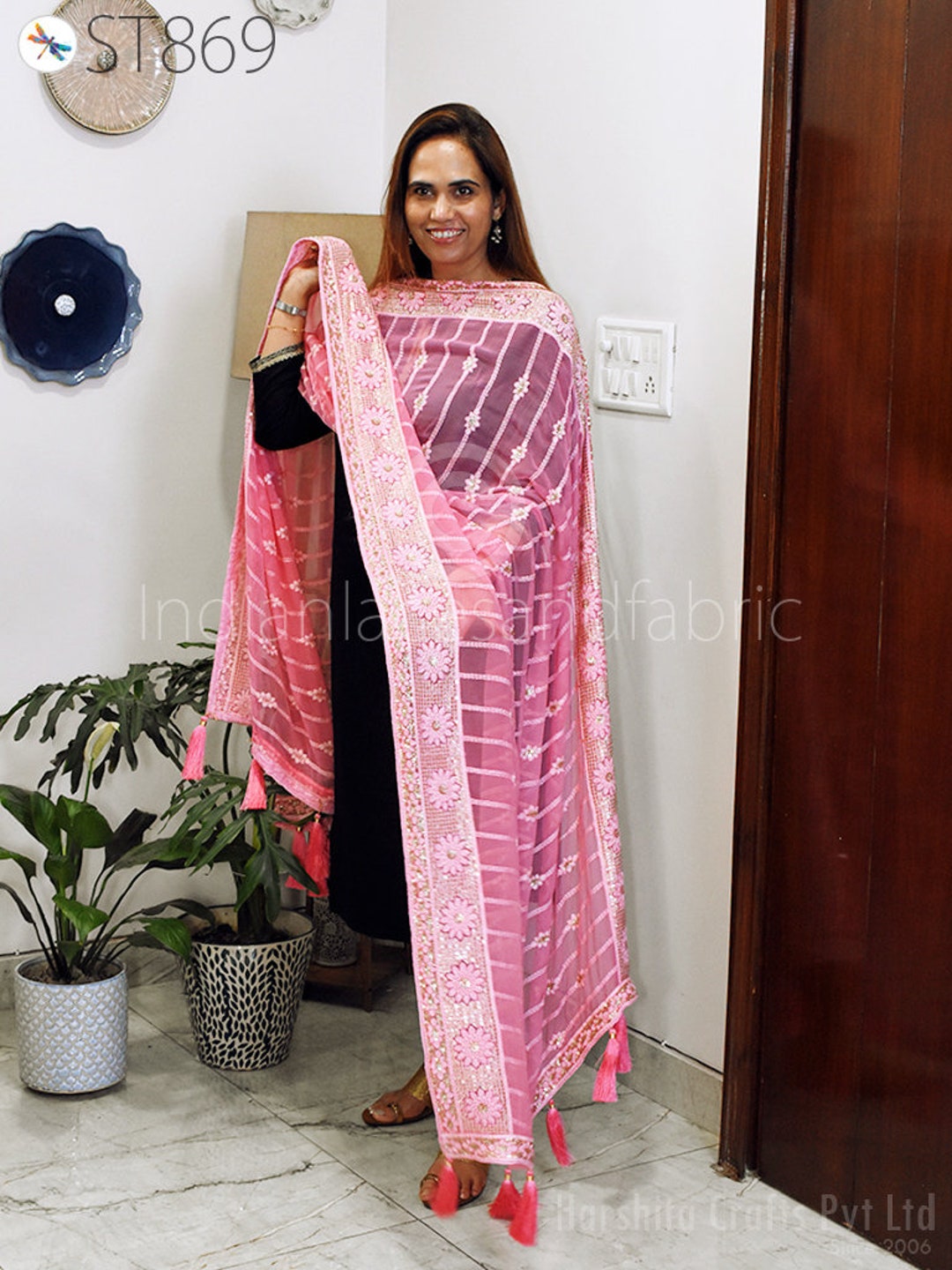 Pink Wedding Wear Dupatta Chinnon Long Embroidered Dupatta Indian ...