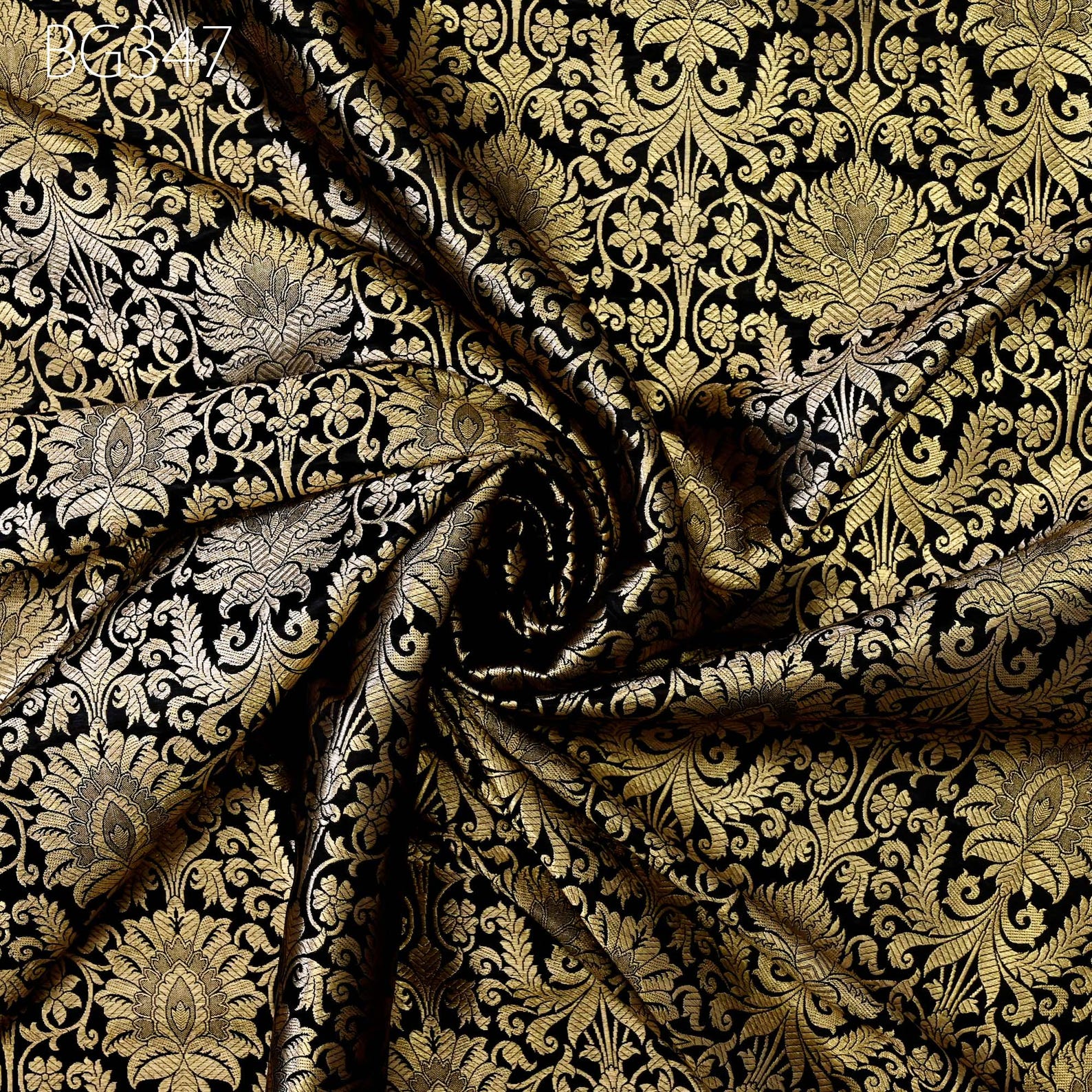 Black Gold Weaving Brocade by the Yard Banarasi Fabric Wedding Dresses ...