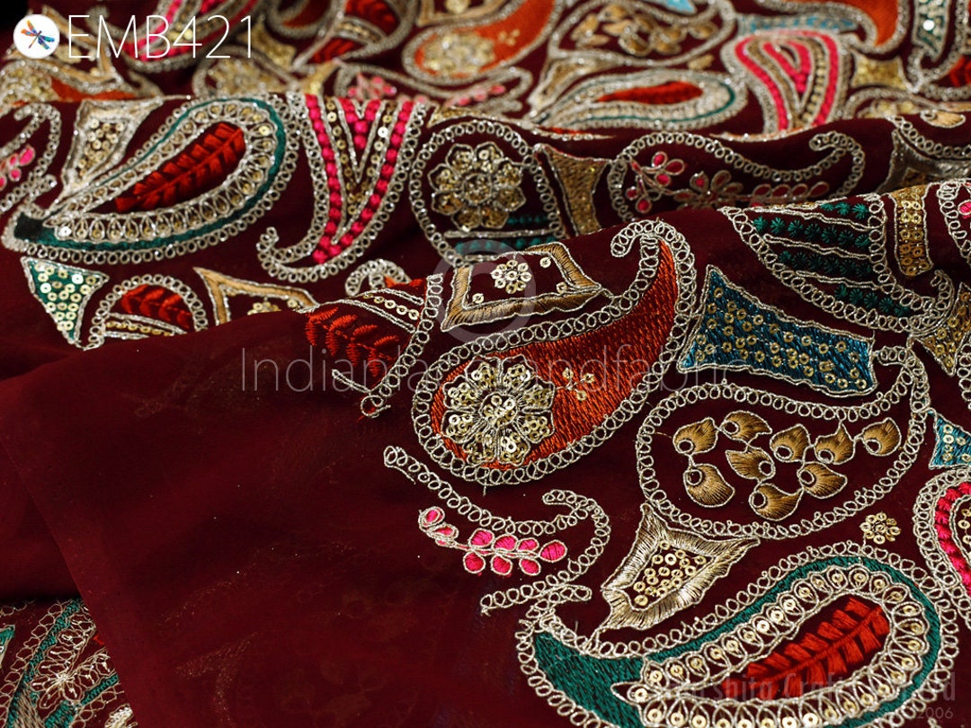Buy Indian Embroidered Fabric by the Yard Georgette Maroon Online in ...