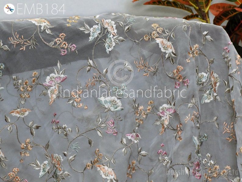 Grey Indian Embroidered Fabric by the Yard Georgette - Etsy