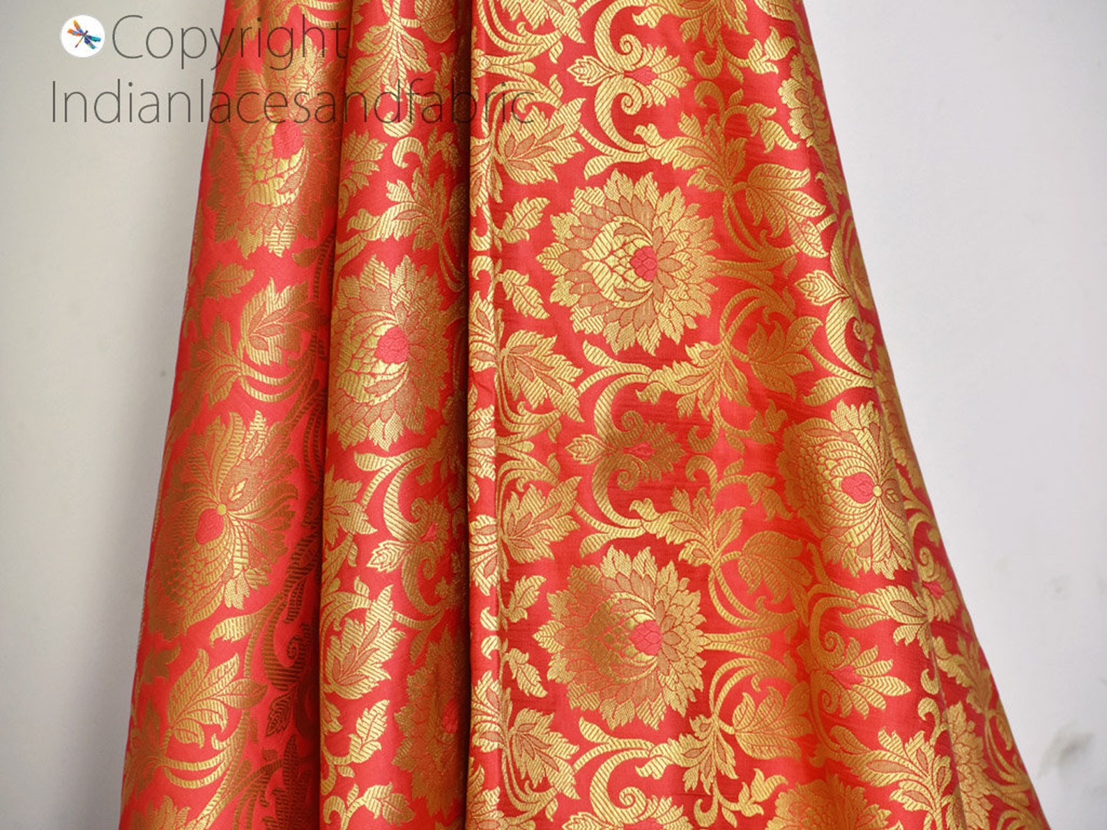 Indian Brocade Fabric by the Yard Banarasi Coral Red Gold - Etsy