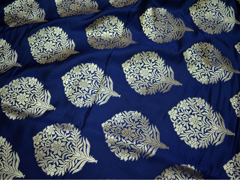 Blue Gold Brocade Banarasi Brocade Fabric by the Yard Banaras | Etsy