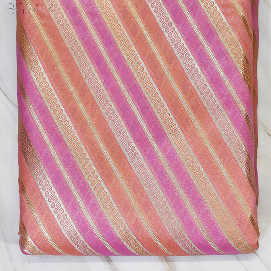 Peach Indian Brocade by the Yard Diagonal Stripes Banarasi Benarse ...