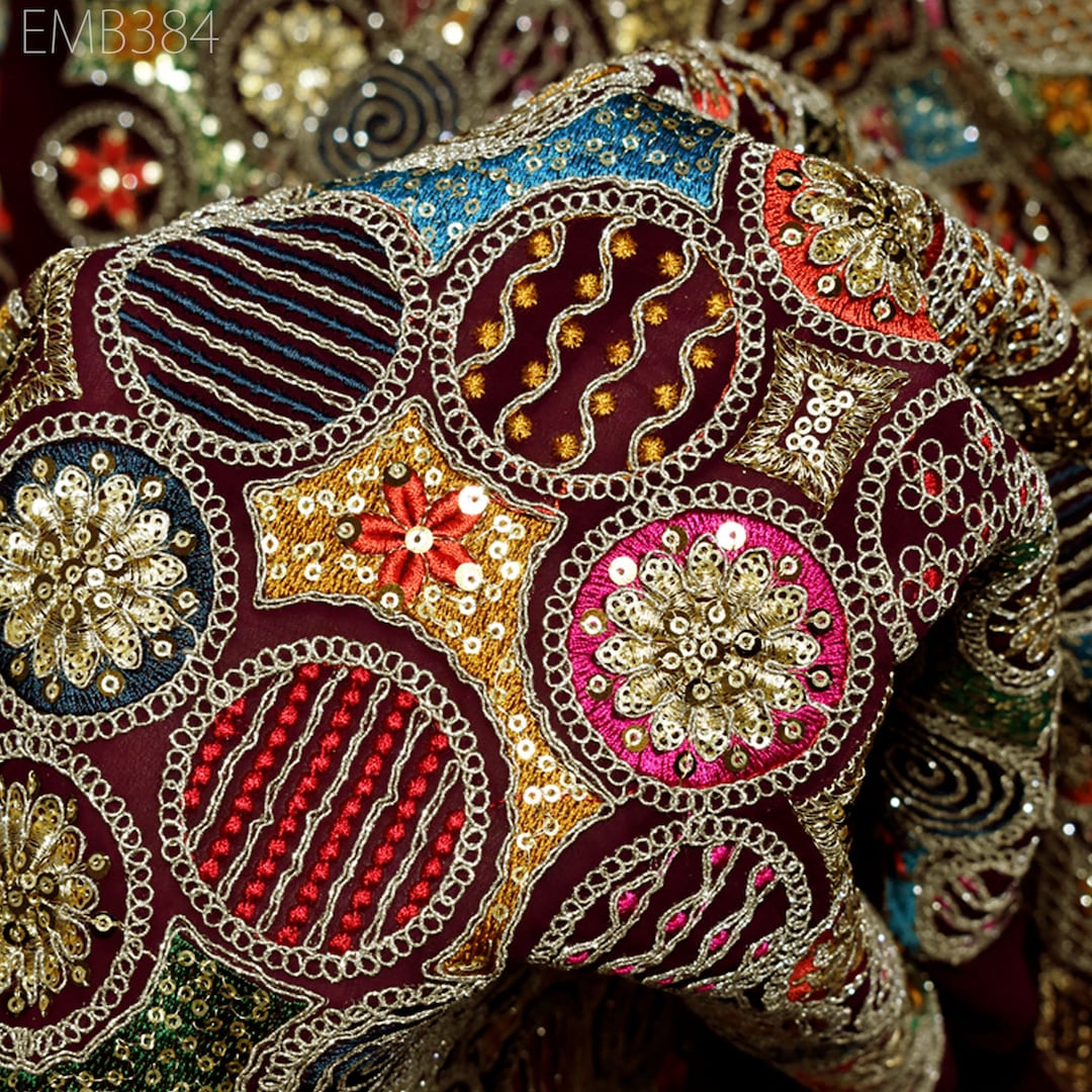 Indian Embroidered Fabric by Yard Georgette Wine Embroidery Sewing ...