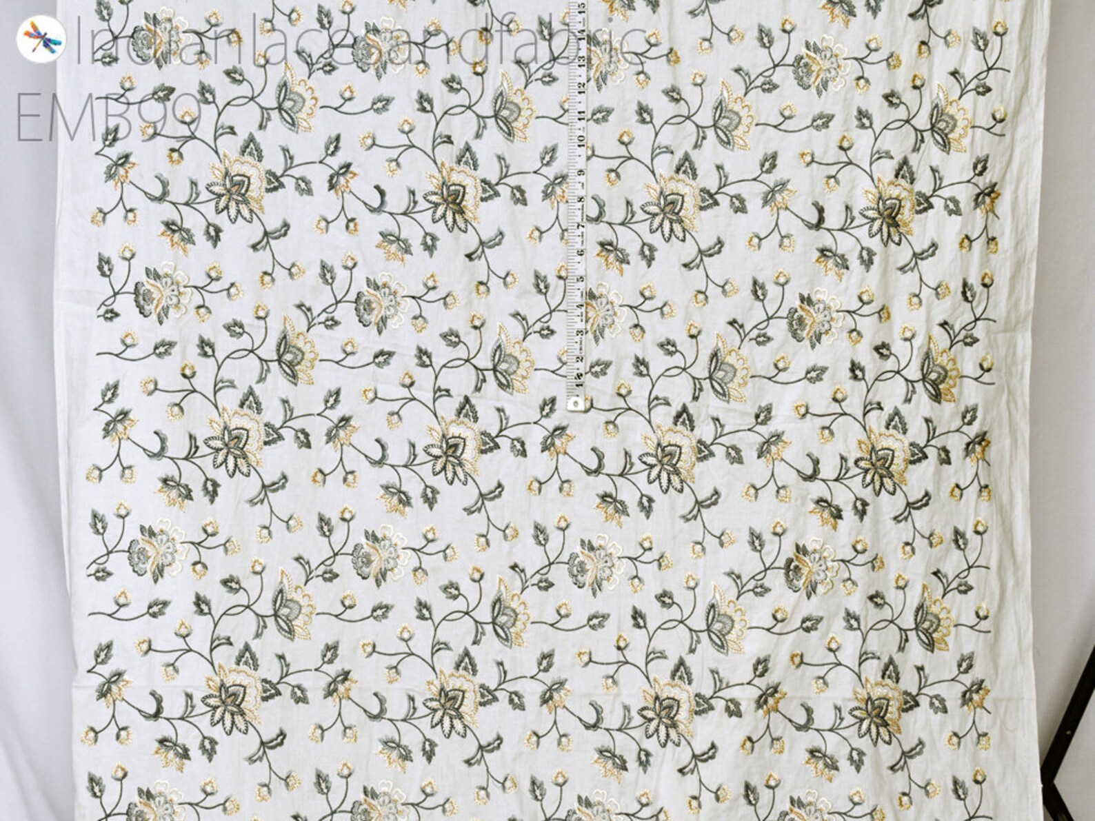 Grey Embroidered Fabric Indian Embroidery Cotton Fabric by the | Etsy