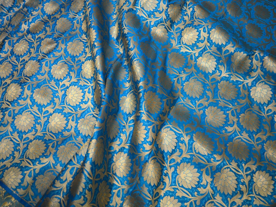 Turquoise Brocade Fabric by the Yard Indian Fabric Banarasi | Etsy