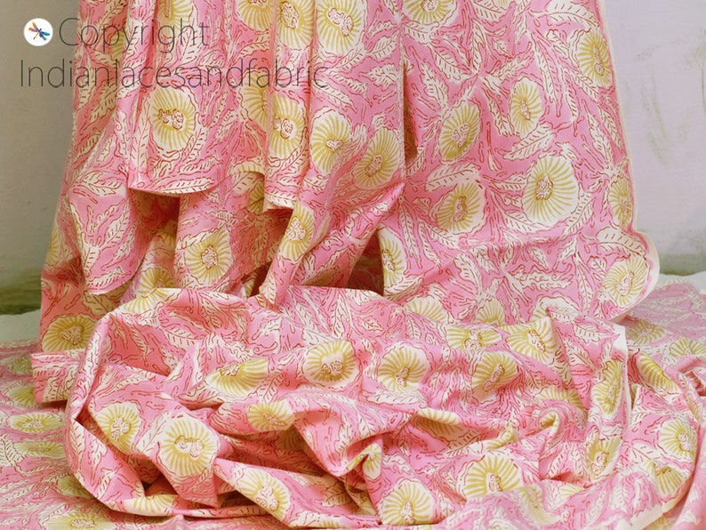 Pink Indian Block Stamp Print Soft Cotton by Yard Fabric Pajamas Sewing ...