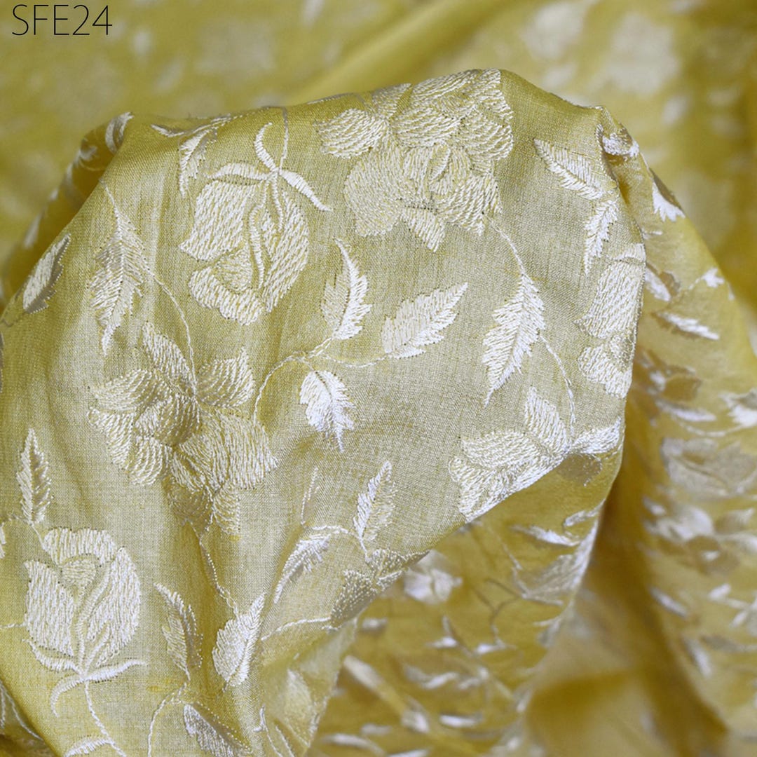 Pure Tussar Silk Embroidered Fabric by the Yard Indian Embroidery Raw ...
