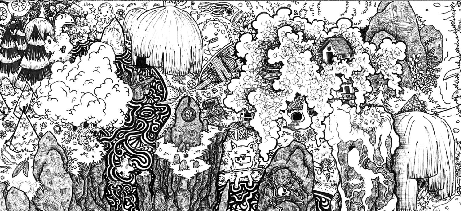 Peter Pan Pen Ink Illustrated PRINT Doodle Fairytale Fantasy Landscape ...