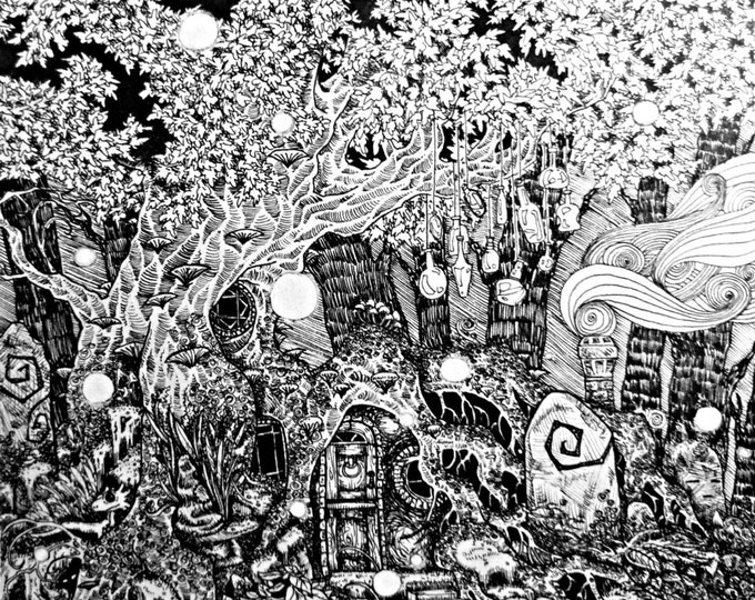 Under the Tree Pen and Ink Signed Illustration Print, House Under Tree ...