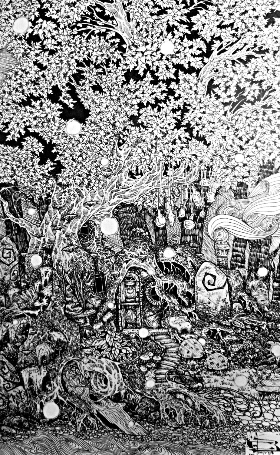 Under the Tree; Pen and Ink Signed Illustration Print, House Under Tree ...