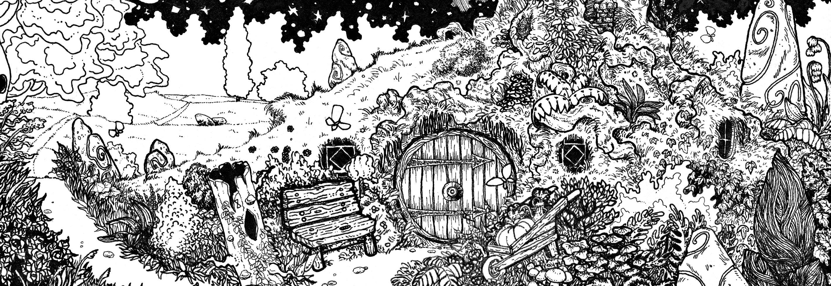 The Shire, Pen Ink Illustration PRINT. Various Sizes. Fantasy Landscape ...