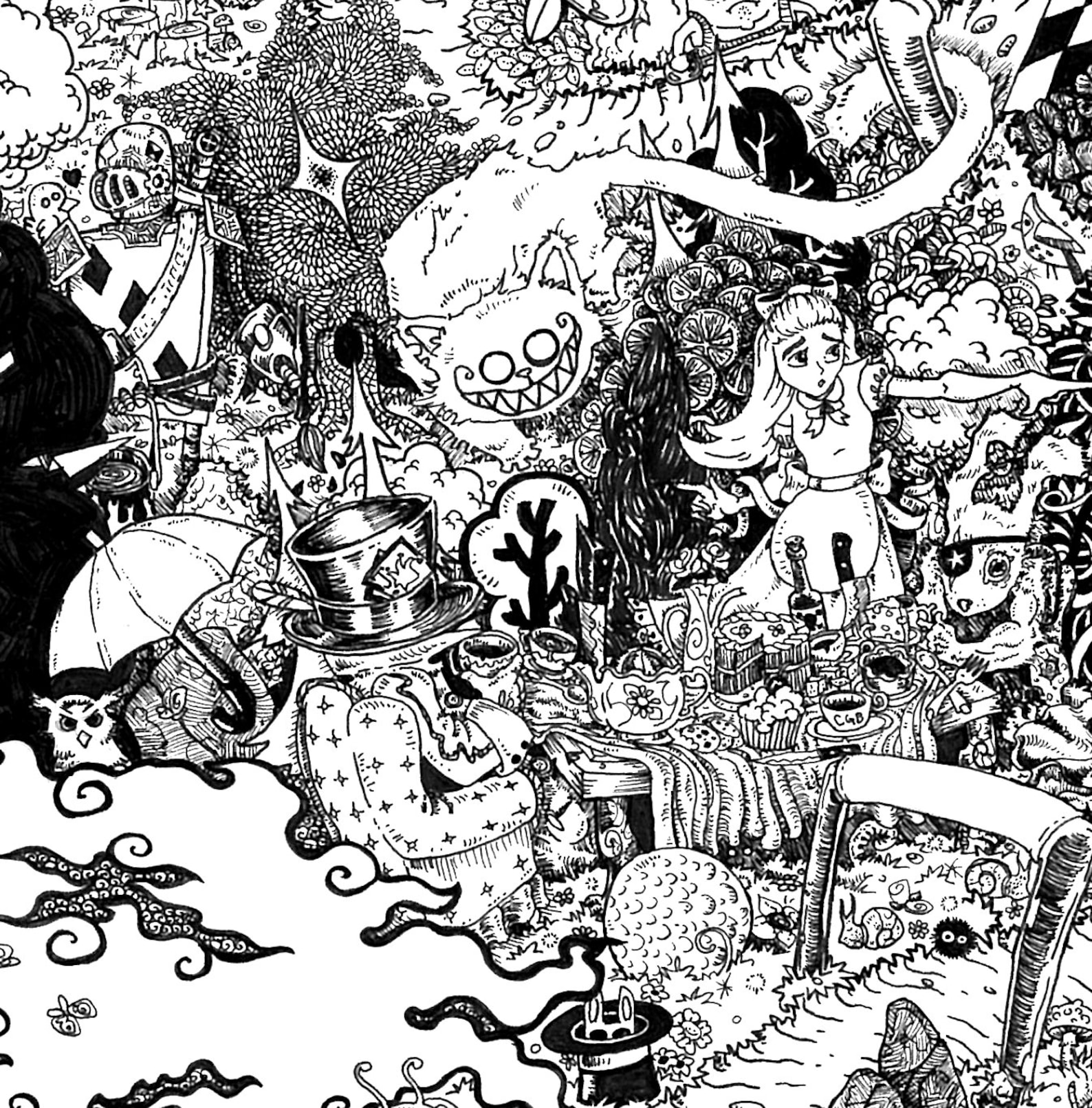 Alice in Wonderland Pen Ink Illustrated PRINT Doodle Map Fairytale ...