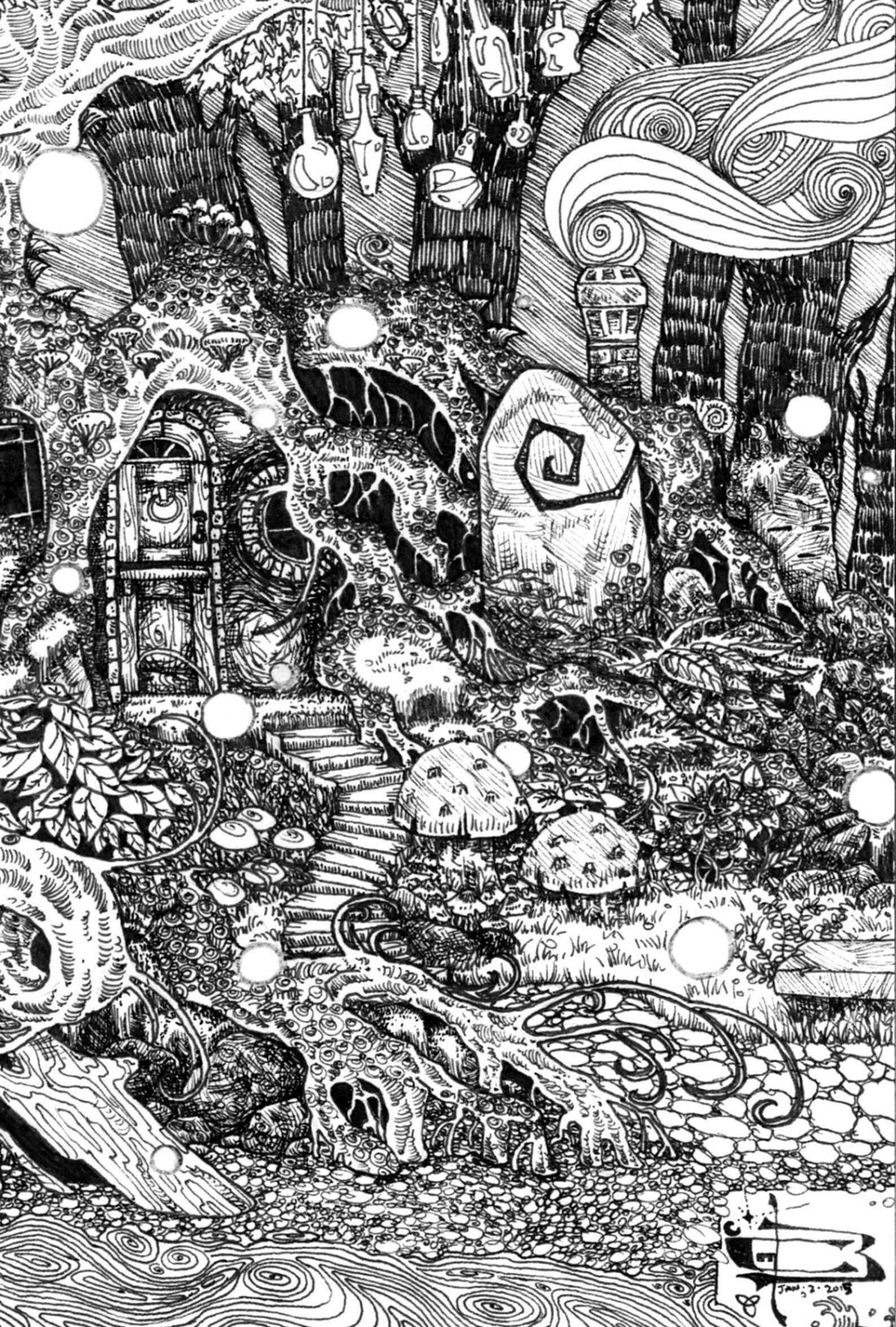 Under the Tree Pen and Ink Signed Illustration Print, House Under Tree ...