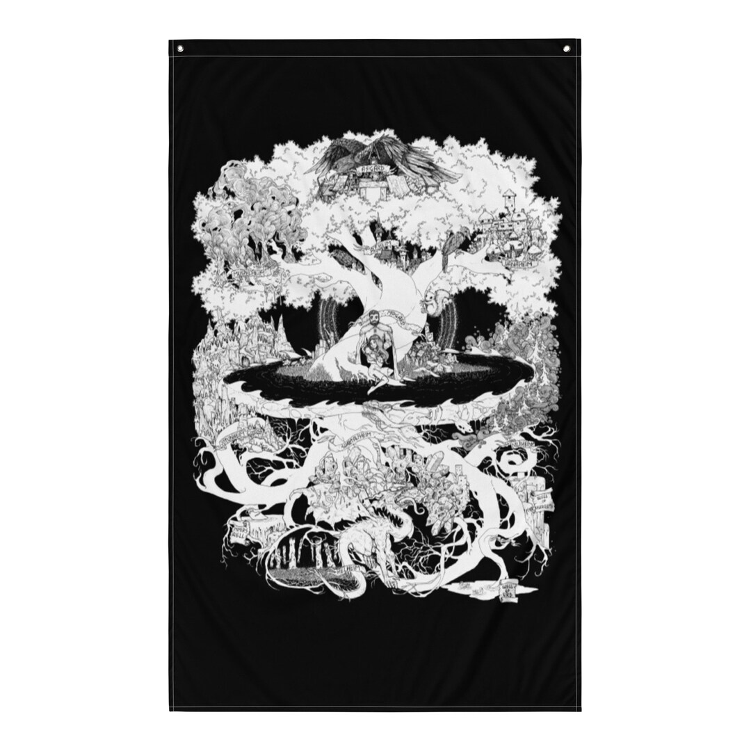 Yggdrasil Flag, Pen Ink Illustration Norse Viking Mythology World Tree ...