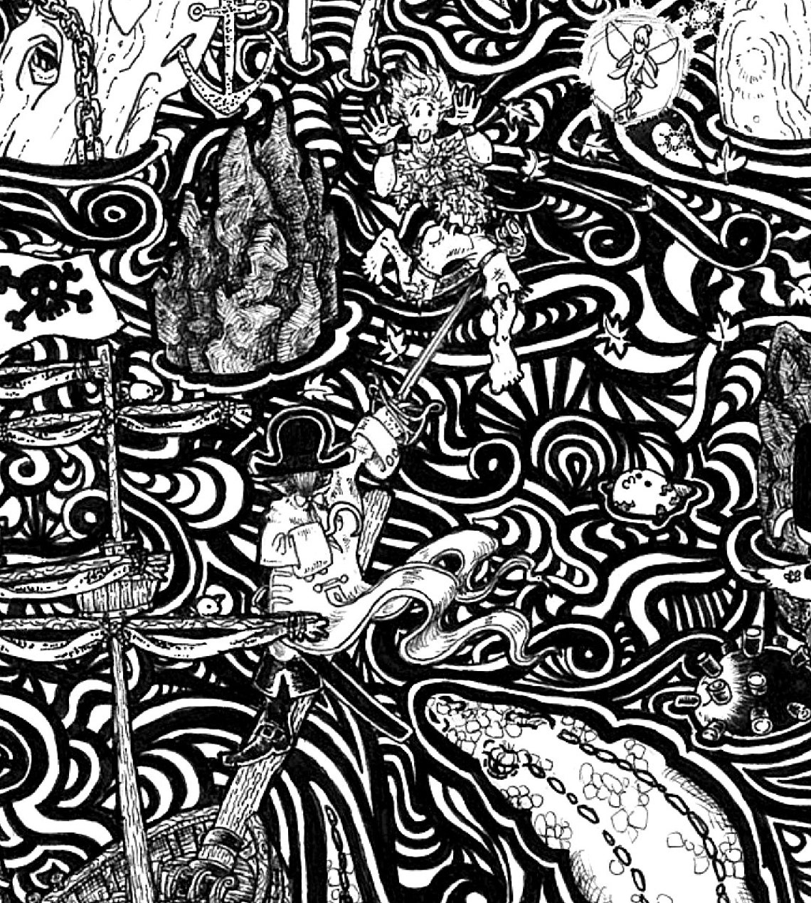 Peter Pan Pen Ink Illustrated PRINT Doodle Fairytale Fantasy Landscape ...