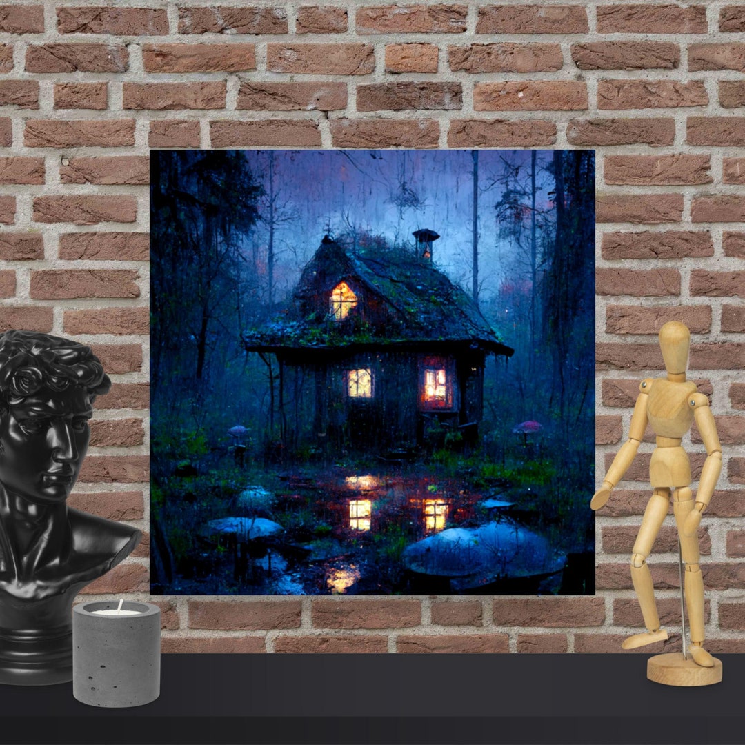 Warm Inside Poster, Cabin in the Woods Rainy Enchanted Magical Fantasy ...