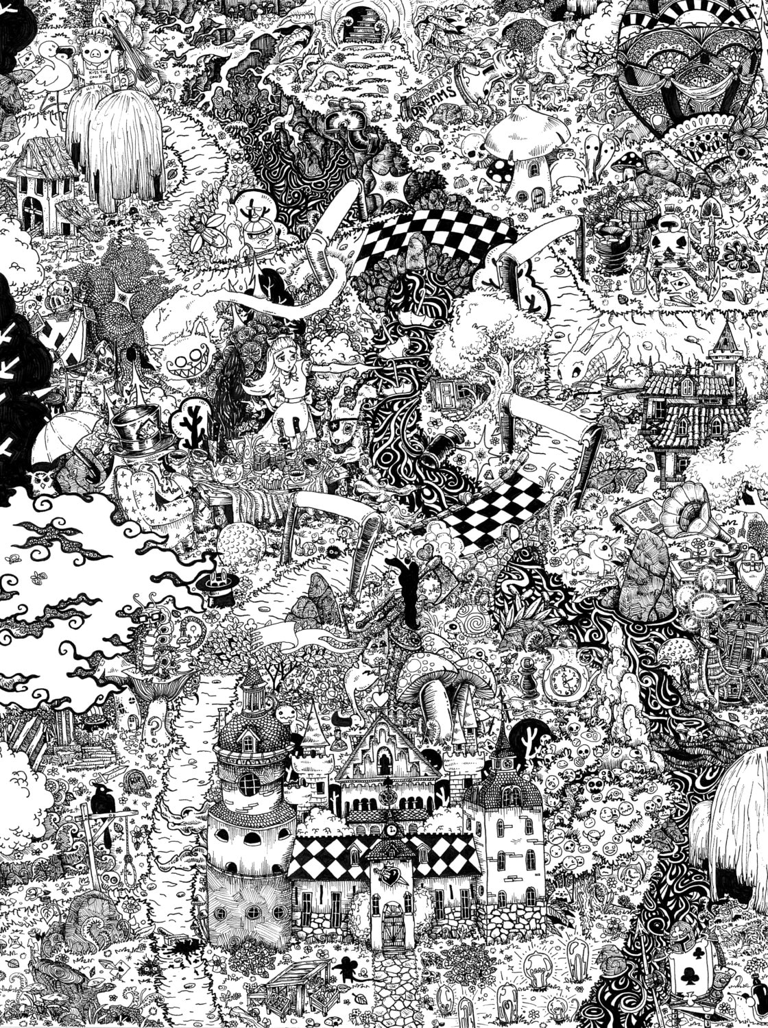 Alice in Wonderland Pen Ink Illustrated PRINT Doodle Map Fairytale ...