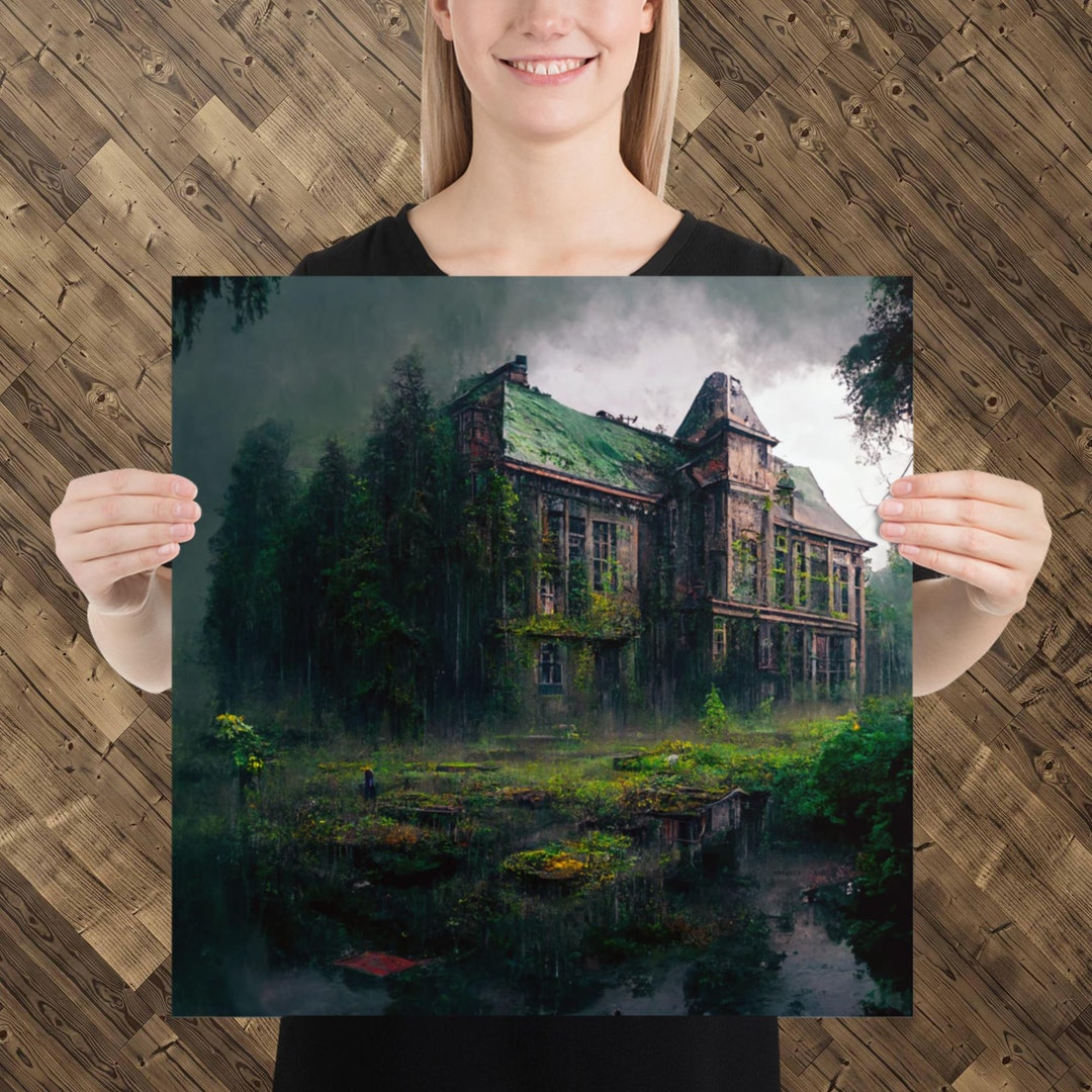 Library Poster, Abandoned Country Library Overgrown Landscape Post ...