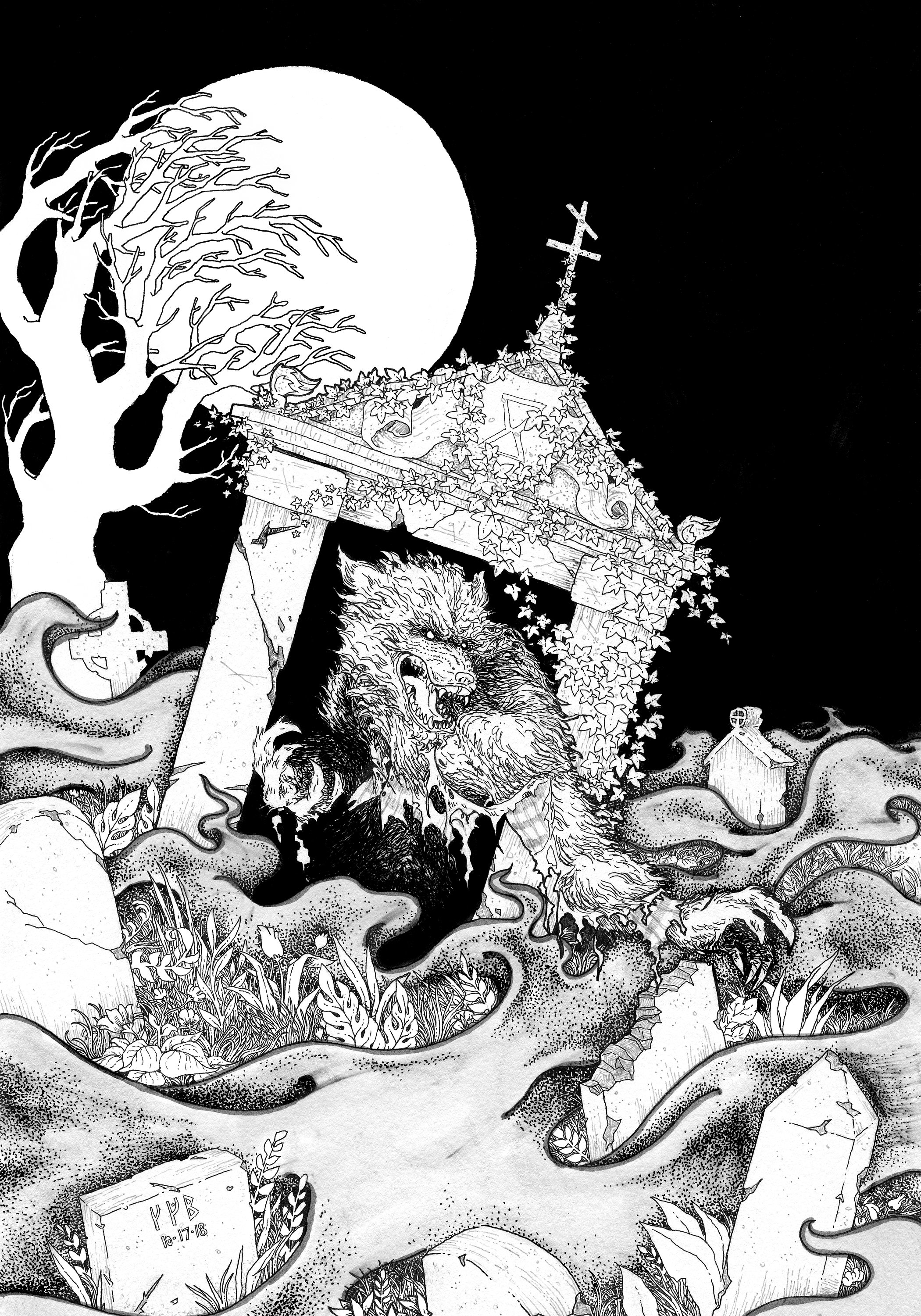 Full Moon Pen Ink Illustration PRINT. Crypt Cemetery Horror Landscape ...