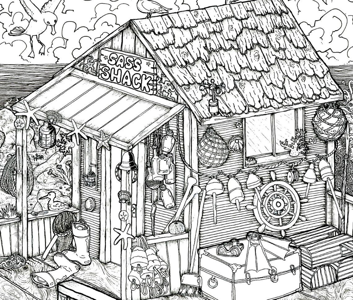 Beach Shack Pen Ink Illustration PRINT Coloring Page Fishing Hut Birds ...
