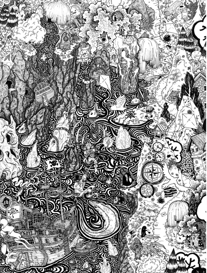 Peter Pan Pen Ink Illustrated PRINT Doodle Fairytale Fantasy Landscape ...