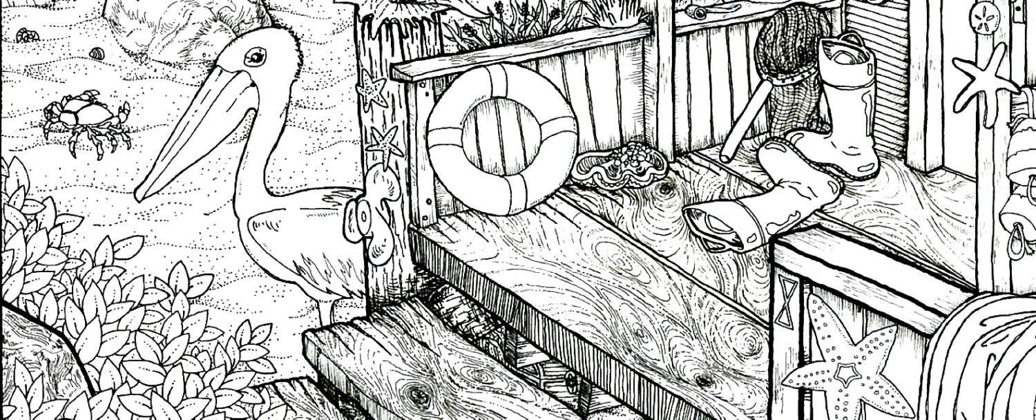 Beach Shack Pen Ink Illustration PRINT Coloring Page Fishing Hut Birds ...
