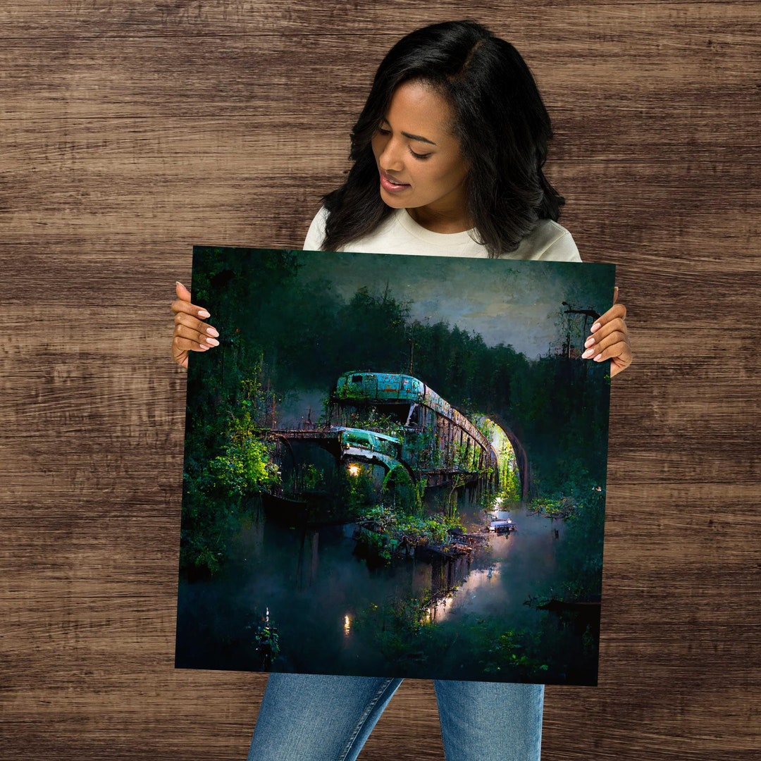 Bus Stop Poster, Abandoned Overgrown Forest Landscape Fantasy Explore ...