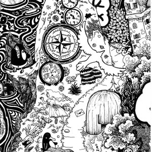 Peter Pan Pen Ink Illustrated PRINT Doodle Fairytale Fantasy Landscape ...
