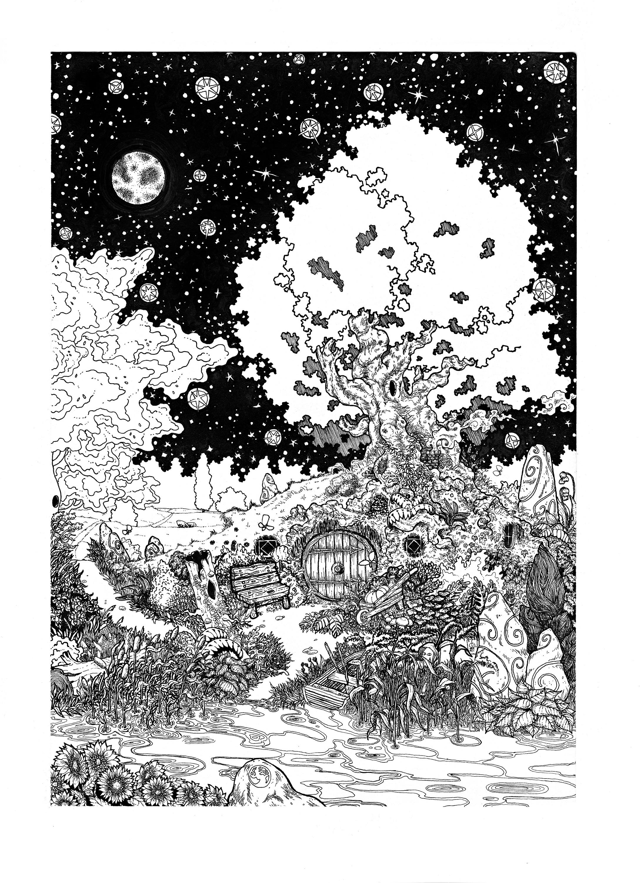 The Shire, Pen Ink Illustration PRINT. Various Sizes. Fantasy Landscape ...