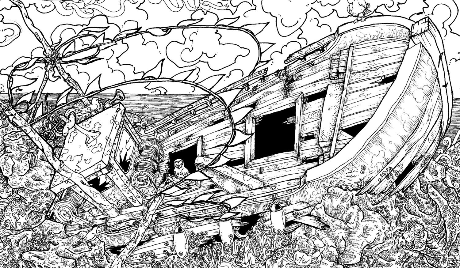 Beach Tide Pool Shipwreck Pen Ink Illustration PRINT, Various Sizes ...