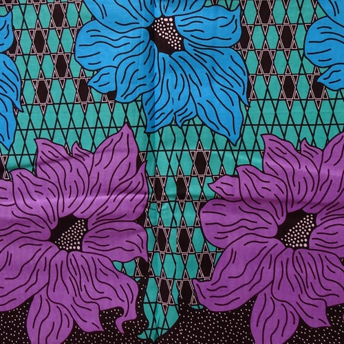 African Fabric Blue Yellow Flower Print African Material by - Etsy