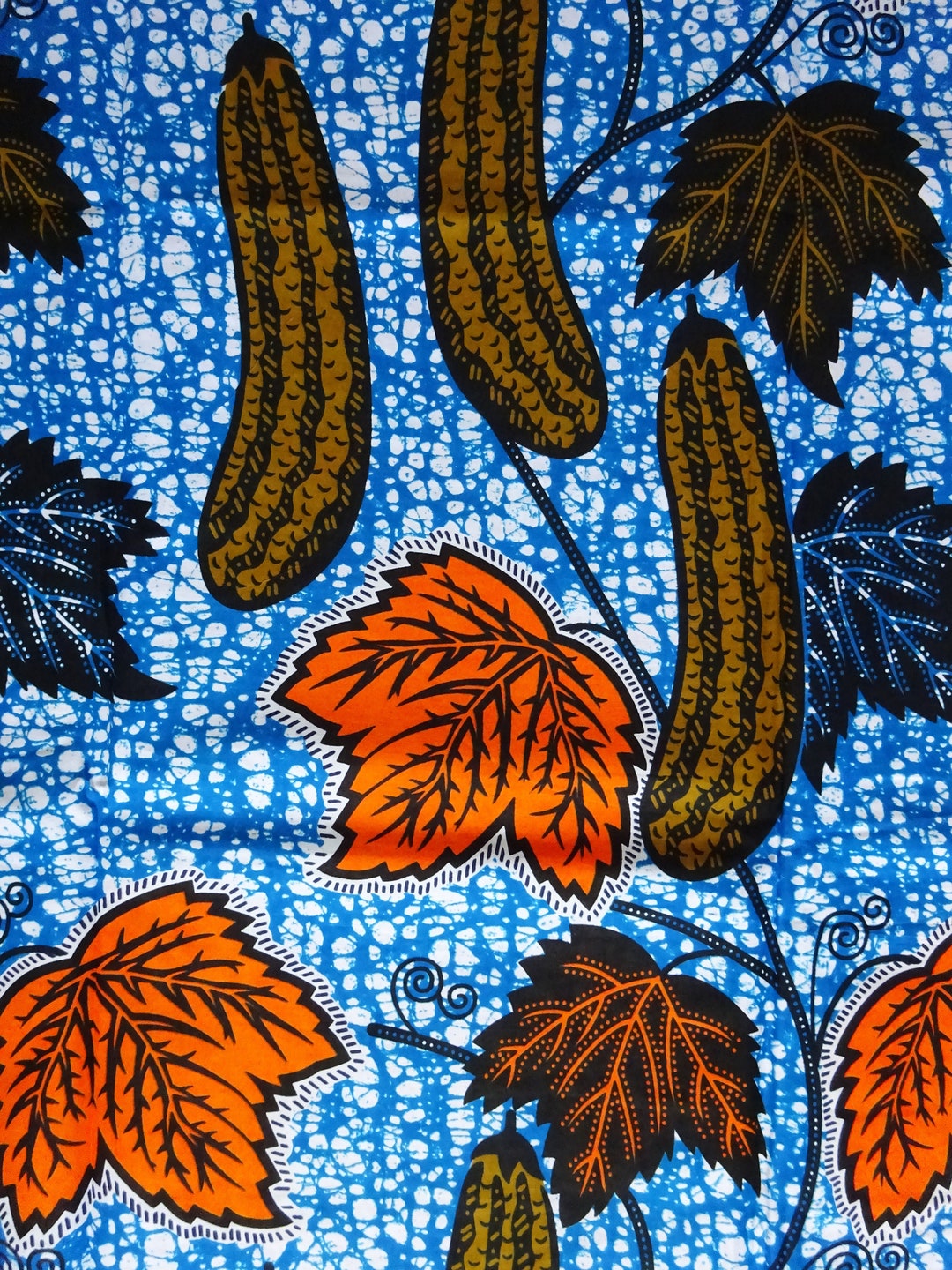 Bright Blue Orange African Print Fabric Leaves African Material by the ...