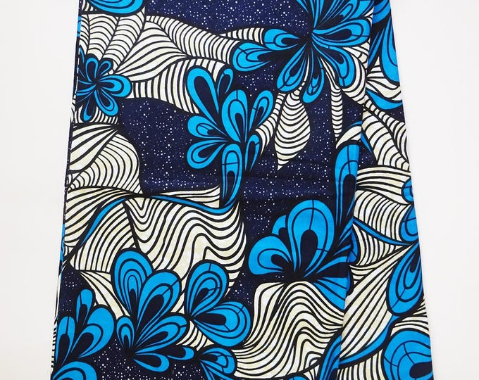African Fabric Blue Beige Flower Print, African Fabric by the Yards ...