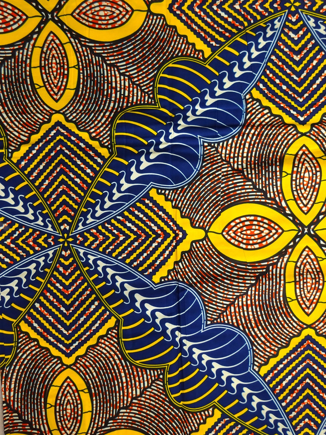 African Fabric Yellow Navy Blue Brown Geometric Print Ankara Fabric by ...