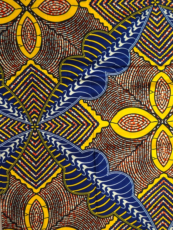 African Fabric Yellow Navy Blue Brown Geometric Print Ankara - Etsy
