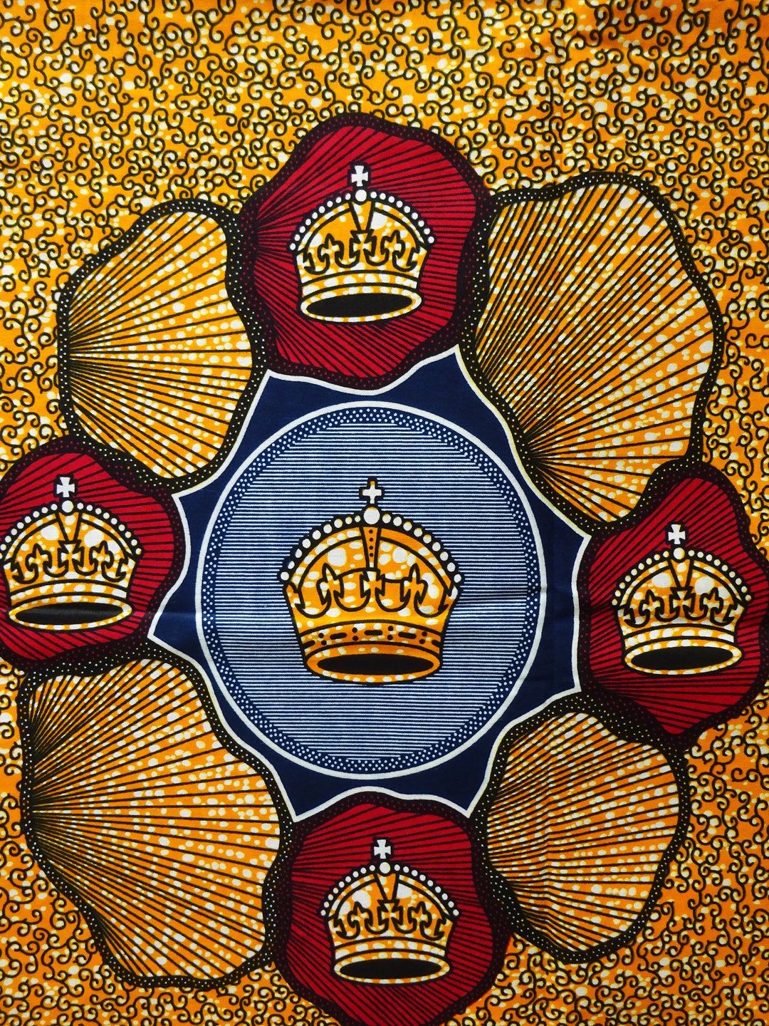 Crown Print African Wax Fabric: Orange, Red & Blue Cotton - Etsy
